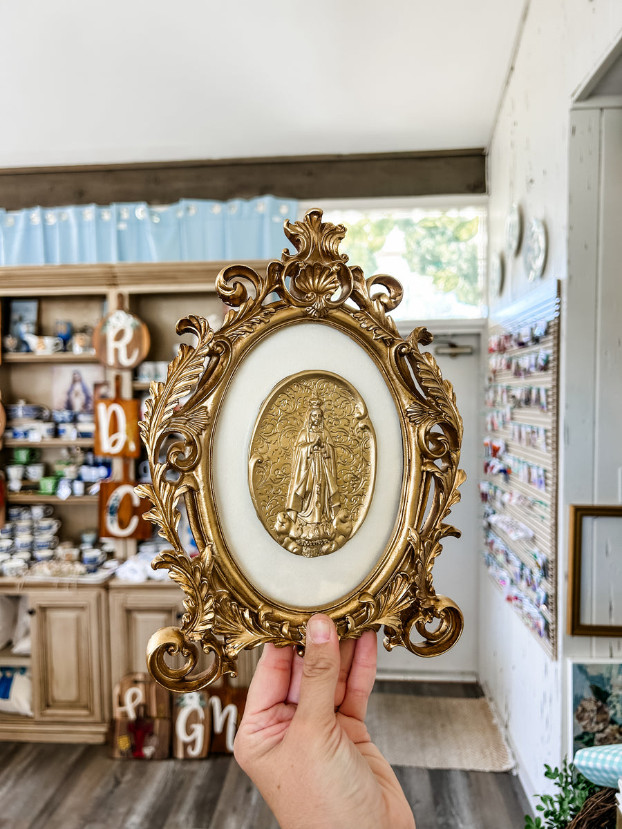 Our Lady of Fatima on champagne pearl backed on vintage gold frame- Ch ...